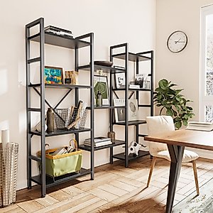 SUPERJARE Triple 5 Tier Bookshelf, Bookcase with 14 Open Display Shelves, Ladder Bookshelf, Wide Book Shelf Book Case with Steel Frame, Wood Board, for Home & Office, Dark Brown