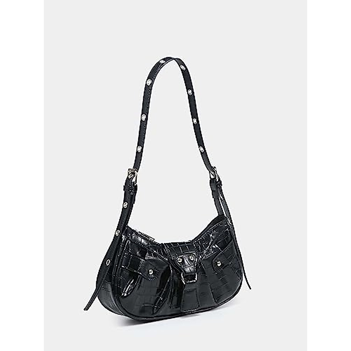 SweatyRocks Women's Buckle Leather Crocodile Embossed Zipper Handbag Shoulder Bag with Adjustable Strap Black one-size