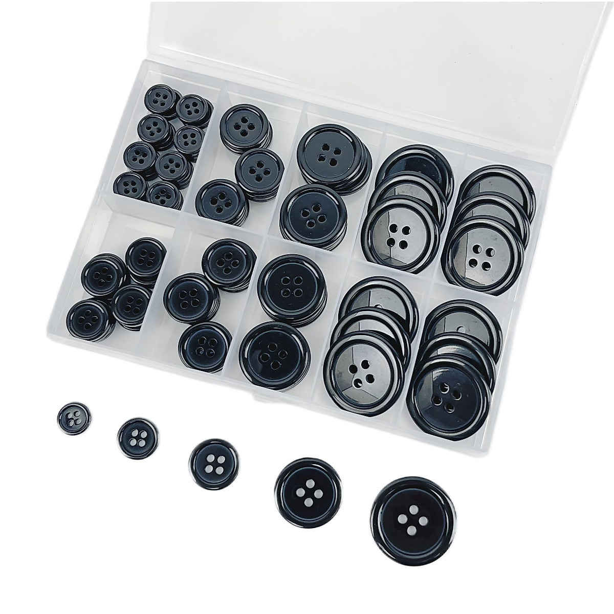 Wennuo 100Pcs Black Sewing Buttons,4-Hole Craft Buttons, 5 Sizes ,with Compartment Storage Box, Suitable for Sewing,Suit Coat Shirt Buttons，DIY Decoration (Black)