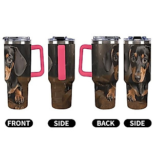 LLUTSNTH 40 Oz Vacuum Tumbler with Light Rose Red Handle Leakproof Insulated Tumbler Cute Dachshund Stainless Steel Travel Mug with Lid And Straw Coffee Cup Cute Water Bottles Cup Holder Friendly