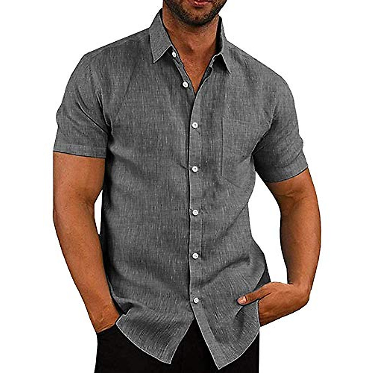 COOFANDY Mens Linen Shirt Textured Designer Western Work Regular Fit, Black, Large, Short Sleeve