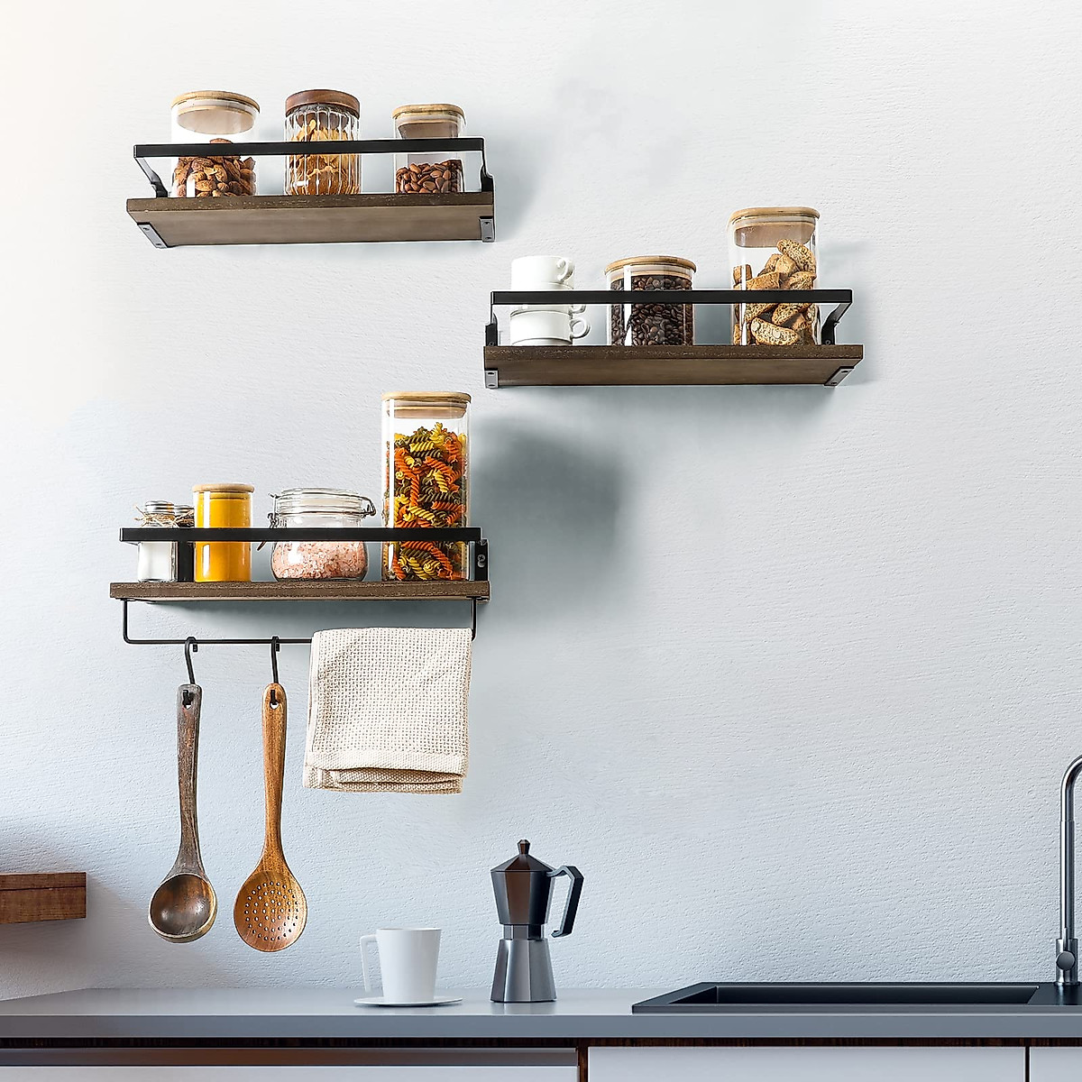 Set of 3, Wall Floating Bathroom Shelves with 1 Towel Bar - Wall Mounted Hanging Shelf for Bedroom, Living Room, Kitchen Storage Organizer - Rustic Farmhouse Bathroom Home Decor Clearance - Dark Brown