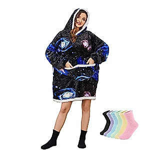 RainFlowwer Wearable Blanket Hoodie, Oversized Blanket Sweatshirt for women, Weighted Fluffy Sherpa Fleece Cozy Warm Hoodie Blanket, for Adult