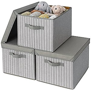 GRANNY SAYS Fabric Boxes with Lids, Storage Bins with Handles, Shelf Baskets for Organizing, Storage Containers Extra Large Storage Boxes for Linens Clothes, Gray/White, 3-Pack