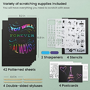 ARTEZA Scratch Paper, Set of 42 Sheets, 10.9 x 8.2 Inches, Includes 4 Unique Patterns, 4 Scratchers, 4 Stencils, 4 Post Cards
