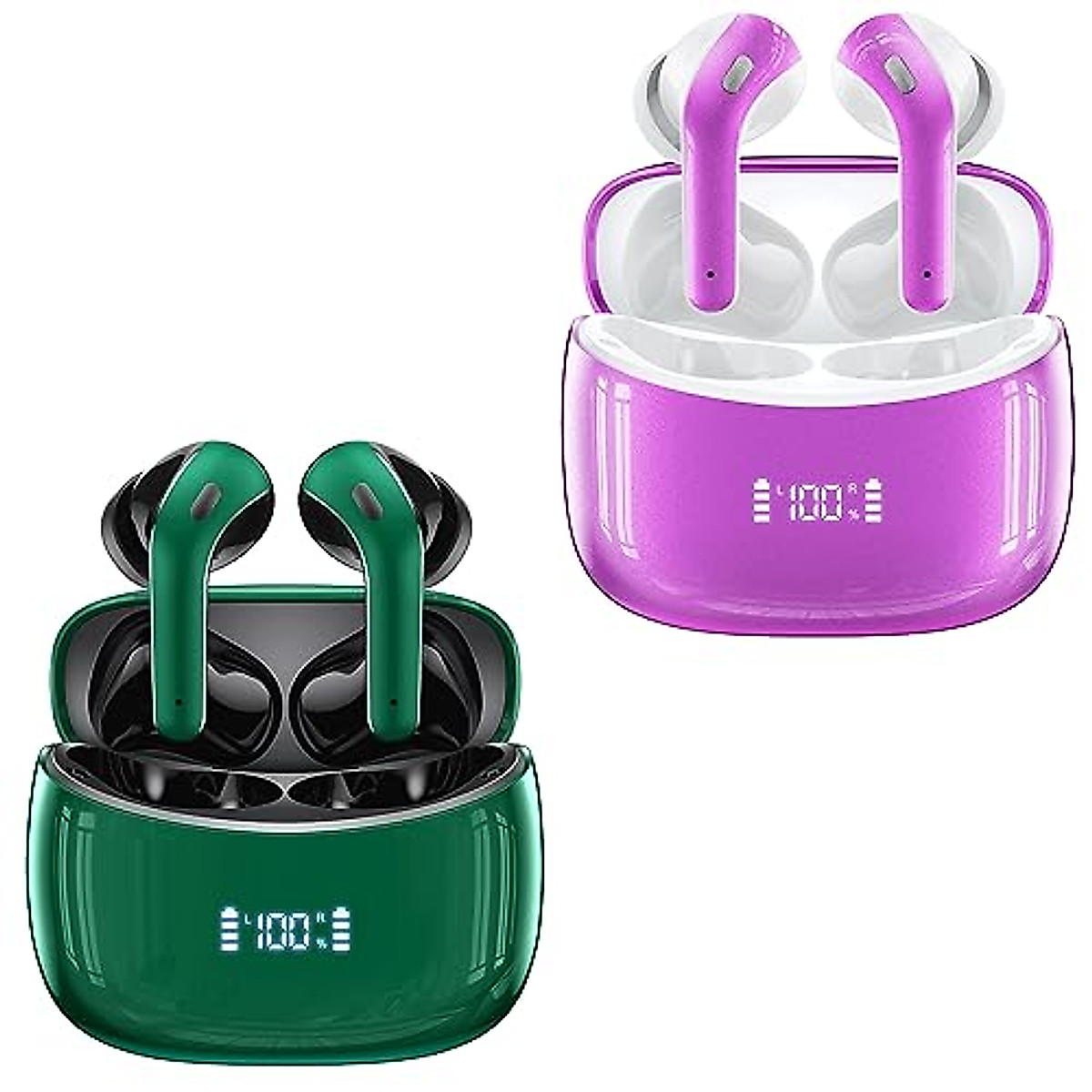 2 Sets Wireless Earbuds Bluetooth Headphones 60H Playtime Ear Buds with LED Power Display Charging Case Earphones in-Ear Earbud with Microphone for Android Cell Phone Gaming PC Laptop Green + Purple