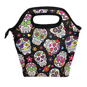 Wamika Lunch Bag Sugar Skull Flowers Rose Daisy Insulated Cooler Thermal Lunch Bag Box for Kids School Children Students Girls Boys Mexican Day Of The Dead Skull Love Heart Lunch Box Handbag Woman Man