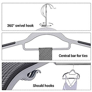 Kang Yuan Plastic Hangers 50 Pack Dry Wet Clothes Hangers Space Saving Coat Hanger, Upgraded Rubber Stripe Non-Slip Pants Hangers, 360° Swivel Hook Clothes Hangers, 16.5 Inches, Gray