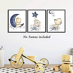 BDA36-Z Set of 3 poster丨Nursery children's room Bear Moon Star Decor Wall Art Poster丨Cute Modern Nordic Home Decor Poster blue painting art丨for Boy Girl Kids Room Playroom丨8x10 inch Unframed