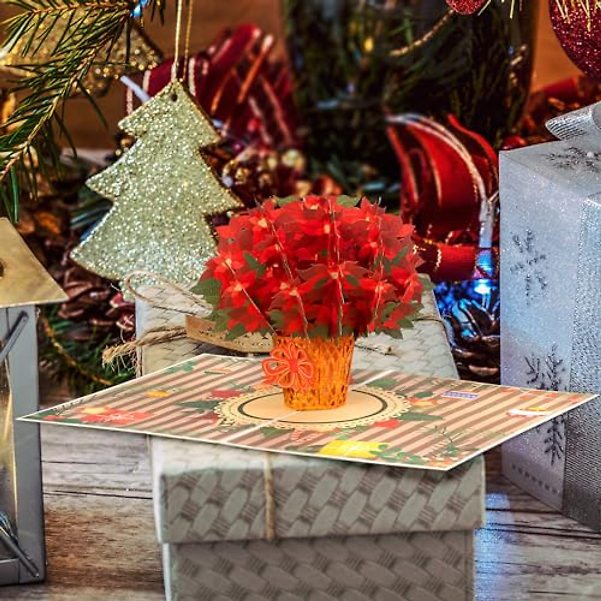 Paper Love 3D Pop Up Christmas Cards, Poinsettias Plant, 3D Popup Greeting Cards, Gift For Christmas or Holidays, 5" x 7" Cover - Includes Envelope and Note Tag