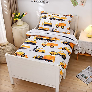NTBED 4 Pieces Construction Toddler Bedding Set for Baby Boys, Truck Vehicles Excavator Cars Printed, includes Comforter, Flat Sheet, Fitted Sheet and Pillowcase,White