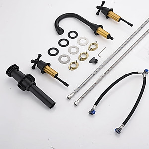 RKF Bathroom Faucets for Sink 3 Hole Matt Black 8 inch Widespread Bathroom Sink Faucet with Drain 2 Handles Cross Knobs Faucet Bathroom Vanity Faucet Basin Mixer Tap Faucet with Hose & Deck CWF039-MB