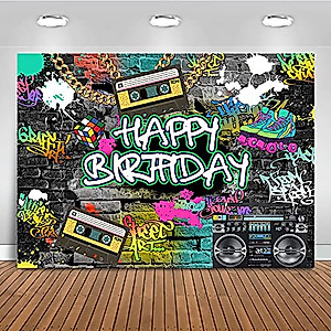 Mocsicka Graffiti 80's 90's Birthday Backdrop Urban Retro Birthday Party Background 80's 90's Hip Hop Rock Birthday Party Cake Table Decoration Banner Photo Booth Props (7x5ft)