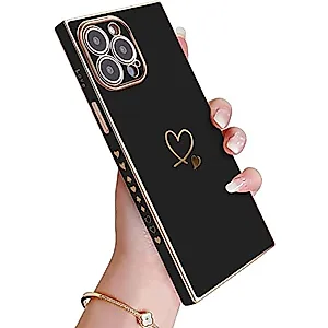 Newseego Square iPhone 12 Pro Max Case Women Girls Luxury Cute Plating Gold Love Heart Pattern Phone Case Soft TPU Full Camera Lens Protection Cover for iPhone 12 Pro Max with Cute Chain-Black