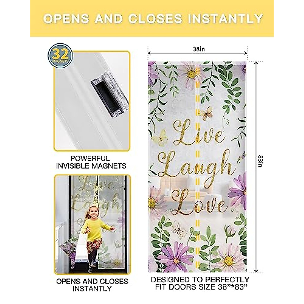 ZOE GARDEN Inspirational Quote Magnetic Screen Door for Sliding/Single/French Doors, Self Sealing Magnets Patio Door Screen Heavy Duty Mesh Curtain, Green Eucalyptus Leaves Elegant Flower