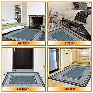 Ottomanson Ottohome Non-Slip Rubberback Bordered Design 3x5 Indoor Area Rug, 3'3" x 5', Turquoise