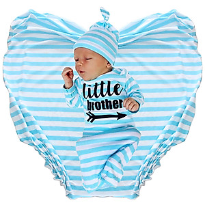 3pcs Set Baby Sleeper Gown, Newborn Swaddle Receiving Blankets and Hat, Infant Shower Gift for Little Brother 0-6 Months WB1 Blue