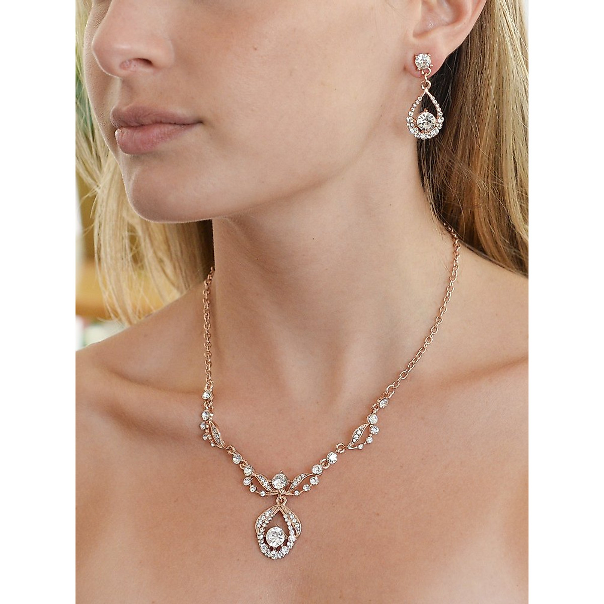 Mariell Rose Gold Vintage Crystal Necklace and Earrings Wedding Jewelry Set for Brides, Bridesmaids, Prom