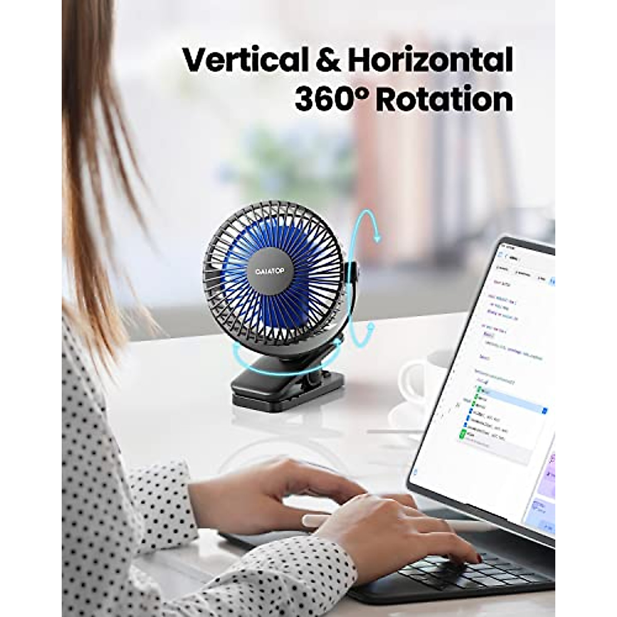 Gaiatop Portable Clip on Fan Battery Operated, Small Powerful USB Desk Fan, 3 Speed Quiet Rechargeable Mini Table Fan, 360° Rotate Personal Cooling Fan for Home Office Stroller Camping Black Blue