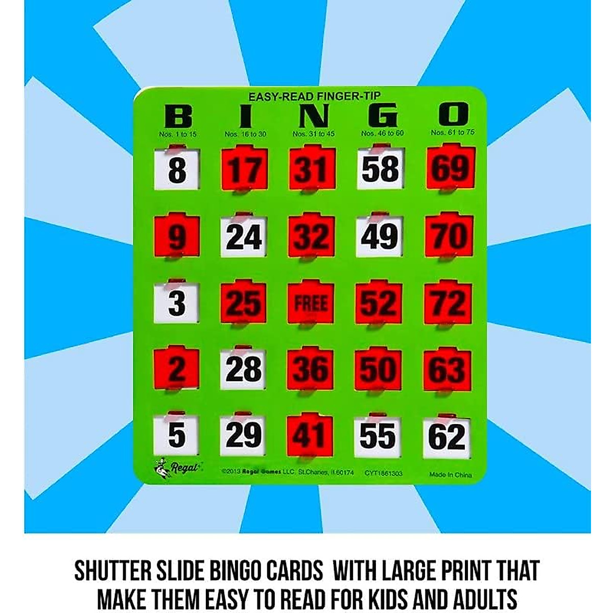 Regal Bingo Bingo Cards with Sliding Windows - Green Reusable & Large Bingo Cards - Ideal for Family Fun Bingo Game Night - No Chips & Daubers Needed - 25 Pcs