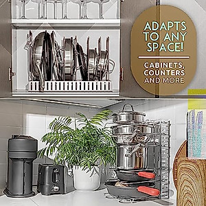 GeekDigg Pot Rack Organizer, Adjustable Height and Position Pots and Pan Rack, Kitchen Counter and Cabinet Pan Organizer Shelf Rack/Pot Lid Holder with 3 DIY Methods - Silver