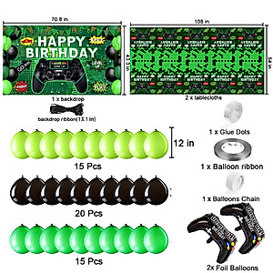 Happy Birthday Game on Level up Green Extra Large Fabric Sign Poster Background Banner 2pcs Waterproof tablecloths and 50pcs Metallic Shiny Latex Balloons for Game Theme Birthday Party Decoration