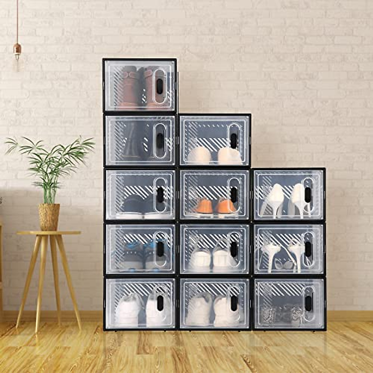 12 Pack Foldable Shoe Storage Boxes, Shoe Boxes Clear Plastic Stackable with Front Magnetic Door, Ventilation and Dust-proof, Shoe Organizer Boxes for Closet, Entryway, Bedroom, Fit for Sneaker/Boots/High heel(13.9 x 9.8 x 7.2) Clear (12Pack)