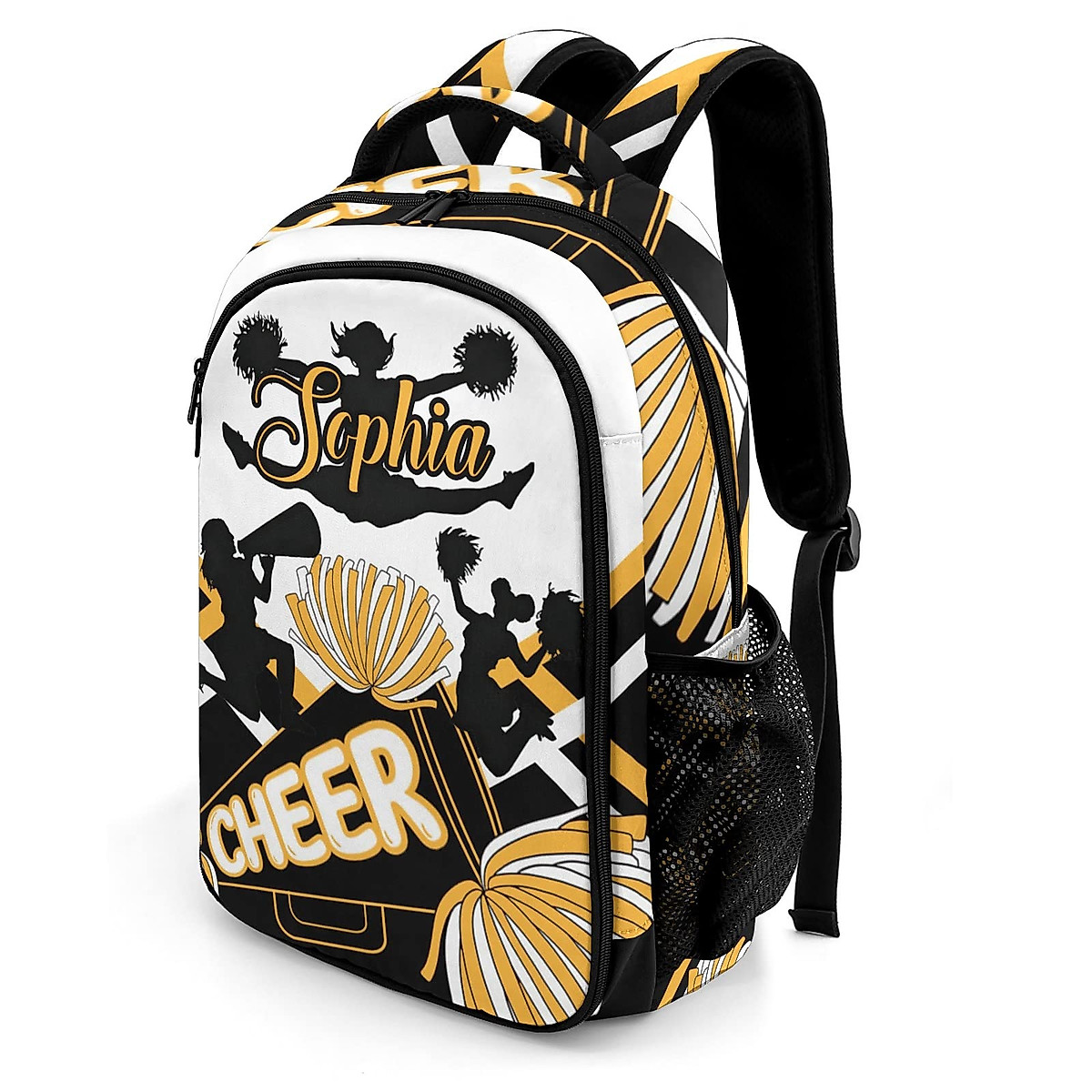 Anneunique Custom Cheerleaders Backpack Custom Name Large Capacity Shoulder Bags for Sports Party Cheer Pom Gold Yellow Black White