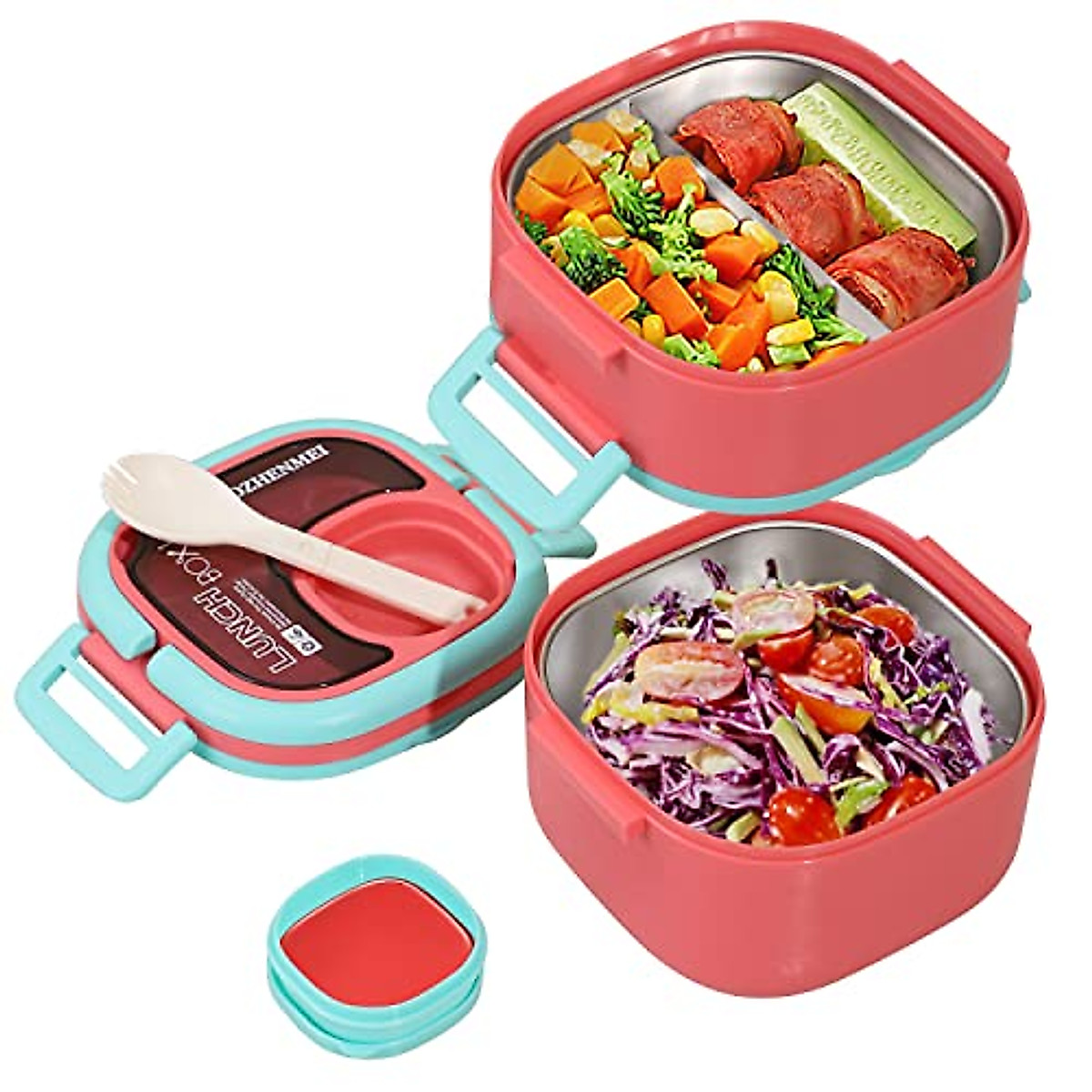 Stackable Lunch Container for Adults with 45oz Large Capacity Stainless Steel bento box Adult lunch box, Leak-Proof Durable All-in-One Bento Box Built In Divider, Spoon, Dressing Container (Pink)