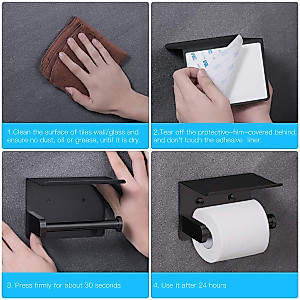VAEHOLD Self Adhesive Toilet Paper Holder with Phone Shelf Stainless Steel Wall Mounted Toilet Paper Roll Holder - Rustproof and Bathroom Washroom Tissue Roll Holder with Shelf - Black