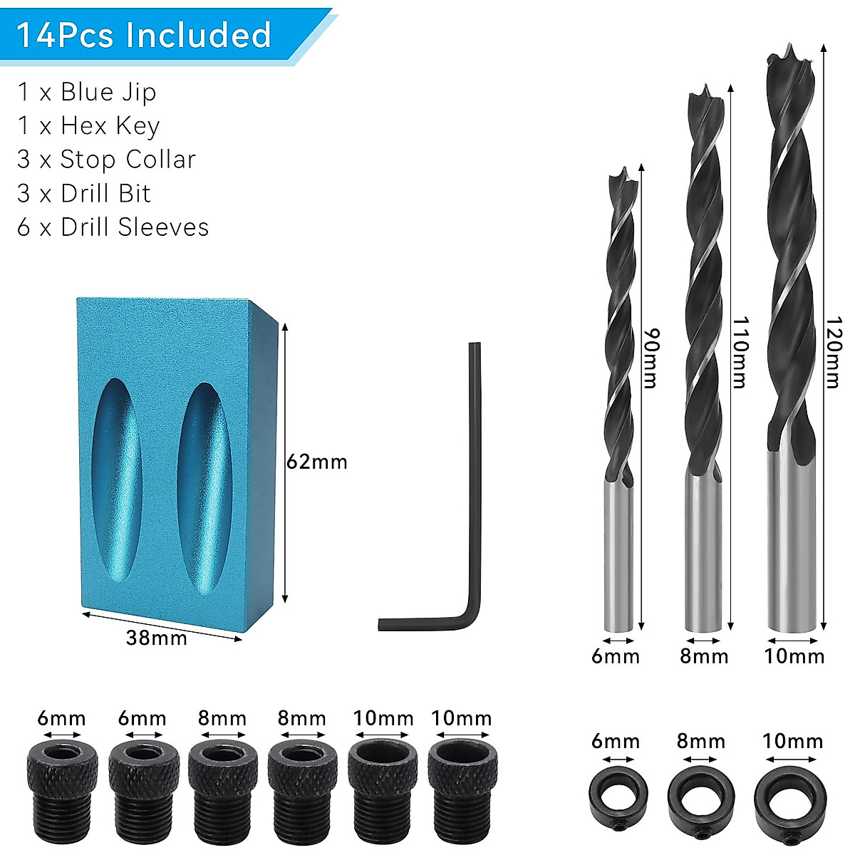 14Pcs Pocket Hole Jig Kit, 15 Degree Woodworking Inclined Hole Jig with 6/8/10mm Drill Bits for Carpentry Woodworking Angle Drilling Holes