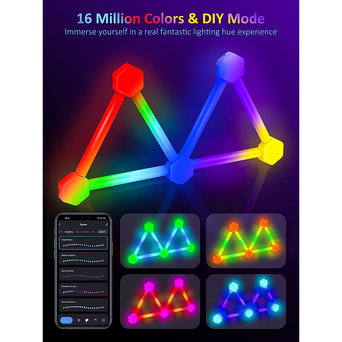 YSJ 14pack LED Wall Light, RGB Wall Lights, Hexagon Wall Light DIY Geometry Splicing Gaming Lights, Smart Glide Lively Light Bars for Gaming Room Decor and Streaming, Creative Lights with Music Sync