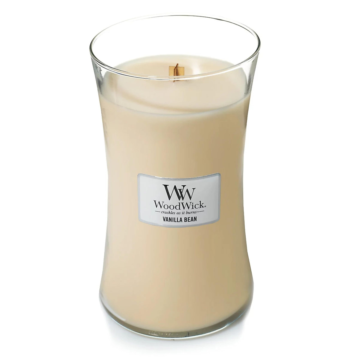 WoodWick Large Hourglass Candle, Vanilla Bean Scent, Crackles as it Burns, Premium Soy Blend Wax, 21oz, Perfect for Gifting