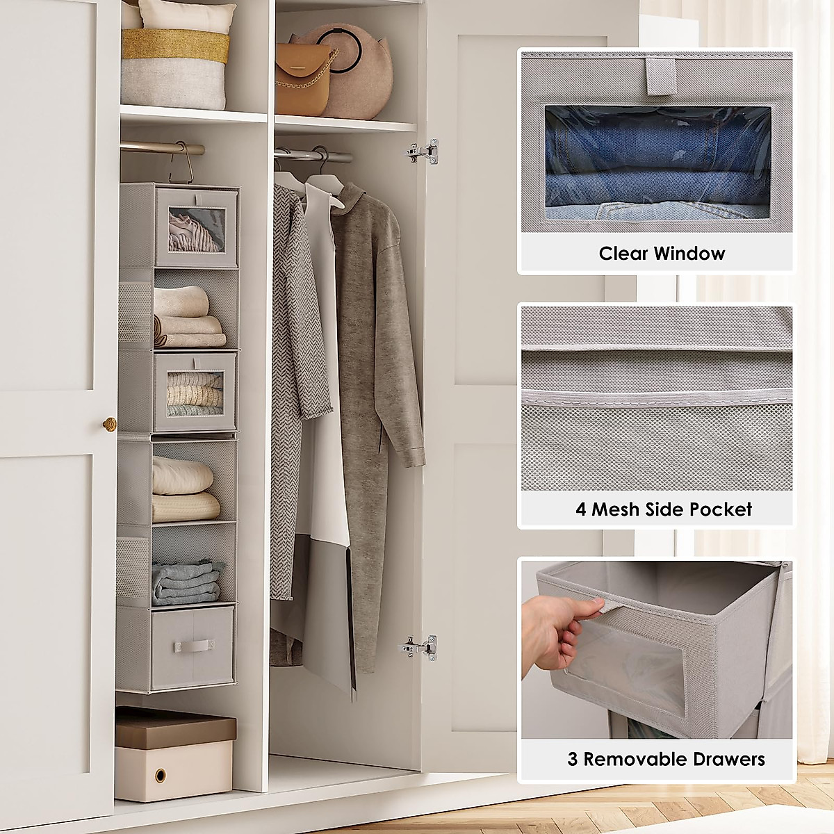 Fixwal 1 Pack 6-Shelf Hanging Closet Organizer, 2 Separable 3-Shelf Hanging Shelves with 3 Drawers Clothes Organizer Shelves for Bedroom Closet Rack