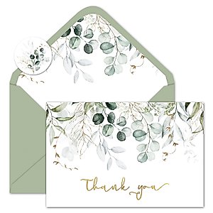 Whaline 24 Pack Greenery Thank You Cards Gold Foil Eucalyptus Leaves Thank You Note Cards with Envelopes Stickers for Spring Wedding Baby Shower