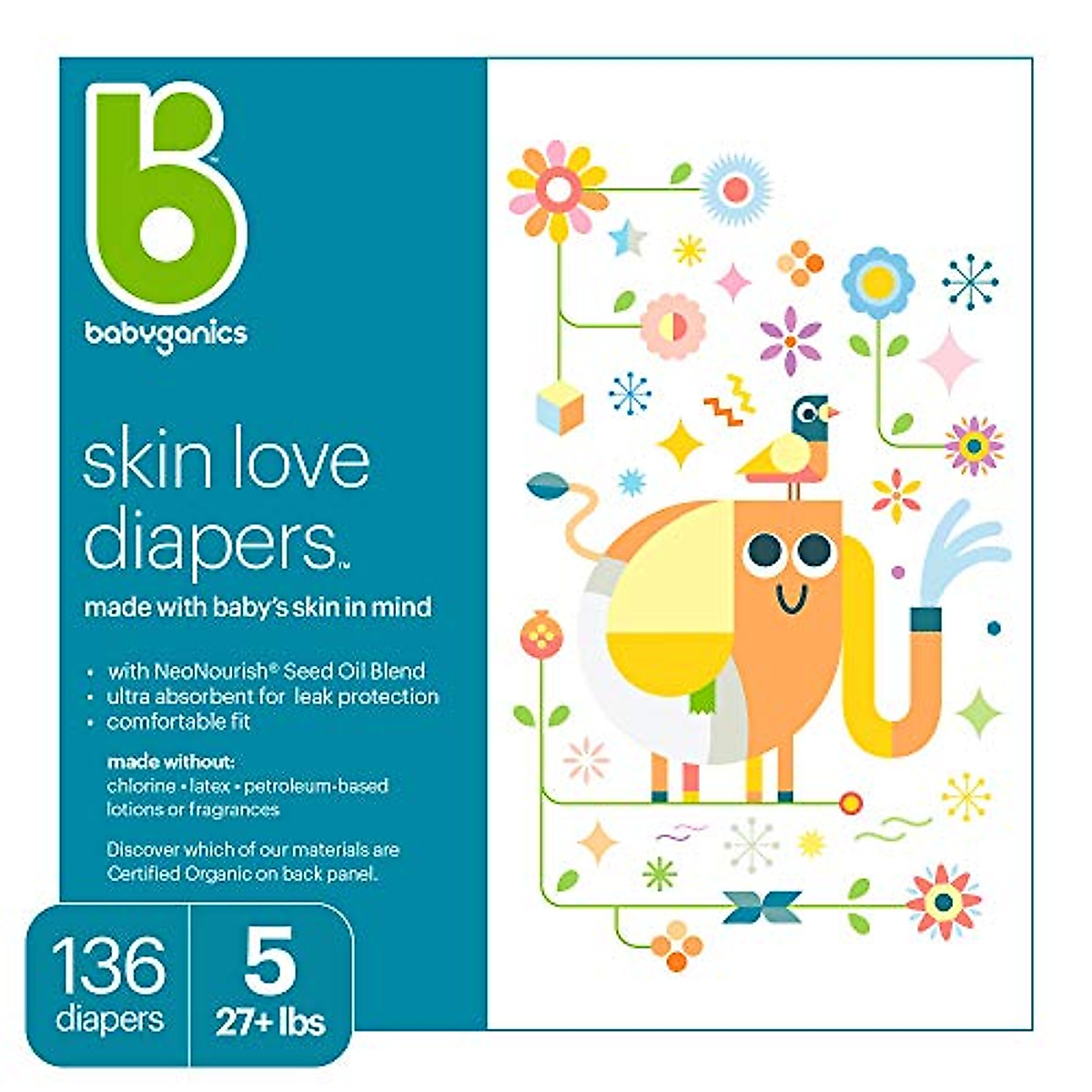 Babyganics Size 5, 136 count, Absorbent, Unscented, Made without Chlorine, Latex