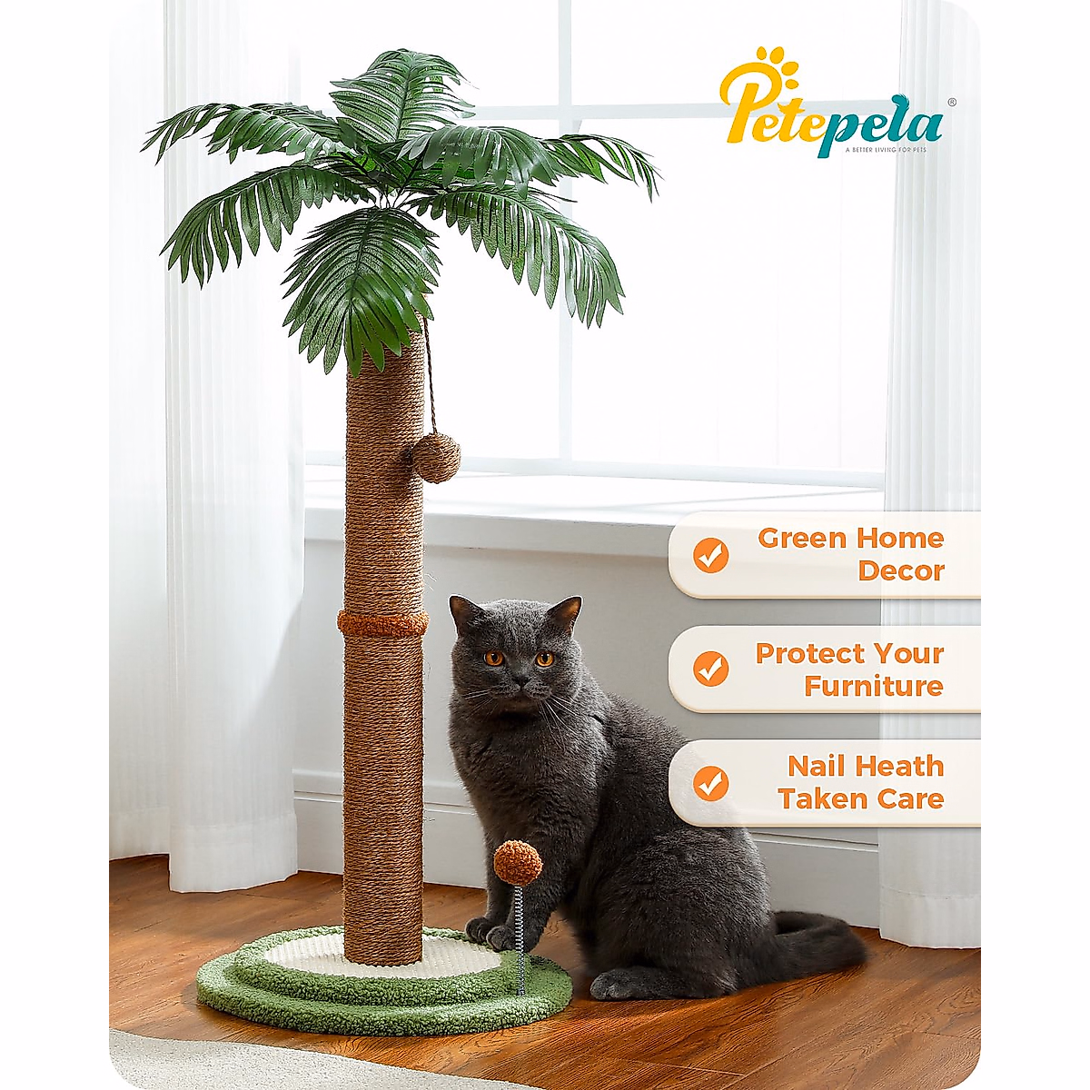 PETEPELA Cat Scratching Post, 33" Tall Cat Scratcher for Large Cats with Interactive Balls& 100% Sisal Covered Kitten Scratch Posts for Indoor Cats(Brown)