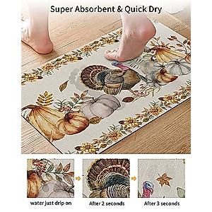 Bathroom Floor Shower Mat, Non-Slip Small Rugs - Easy to Clean, Harvest Turkey with Pumpkins and Sunflowers Maple Leaves Durable Bath Rug 16"x24" Washable Quick Dry Mats for Bathtubs