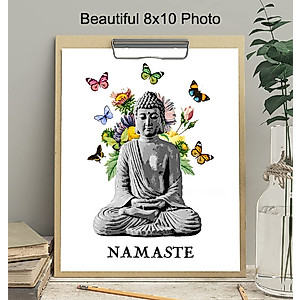 Namaste Buddhism Buddha Statue Wall Art Print - 8x10 Photo, Home Decor, Meditation Room, Spa or Yoga Studio Decoration - Boho Zen New Age Gift - Unframed Butterfly Poster Picture