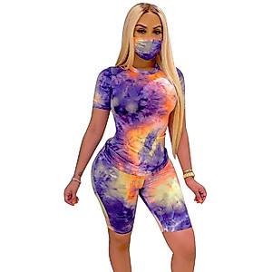 Short Sets Women 2 Piece Outfits, Tie Dye Short Sleeve Top and Shorts Tracksuit Set Purple-Yellow XXL