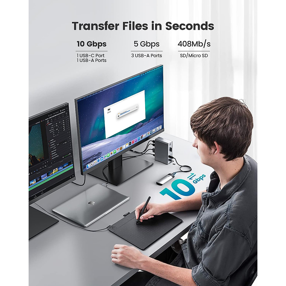 MacBook Pro Docking Station, 14-in-2 Dual USB C Docking Station Dual Monitor for MacBook Pro (Not M1) with Dual 4K HDMI 60Hz, 10Gbps, RJ45, Audio, SD/TF Slots, 87W PD