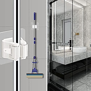 Broom Mop Holder Wall Mounted Garage Organization Tool 4Pcs Broom Gripper Holds Self Adhesive Reusable Super Anti-Slip Mop holder Organizer No Drill Install Easily Storage for Bathroom Kitchen Garden