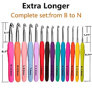 14 Size Crochet Hooks Set,2mm(B)-10mm(N) Ergonomic Crochet Hooks with Case for Arthritic Hands, Extra Long Crochet Needles