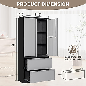 LISSIMO Metal File Cabinet with 2 Drawers,Office Storage Cabinet with Adjustable Shelves, Lockable Lateral File Cabinet for Letter/Legal/A4 Size Files (Black)