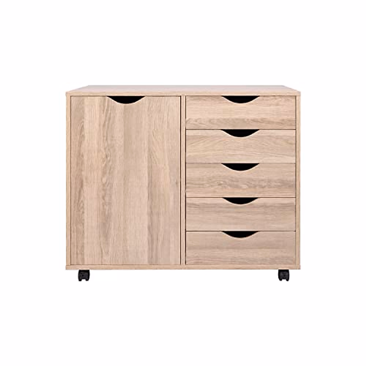 Naomi Home Amy 5 Drawer Chest, Wood Storage Dresser Cabinet with Wheels, Craft Storage Organization, Makeup Drawer Unit for Closet, Bedroom, Office File Cabinet 180 lbs Total Capacity - Natural