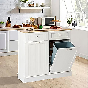 LOUVIXA Tilt Out Trash Can Cabinet Dog Proof with Double Wood Hidden Holder, Kitchen Free Standing Recycling Cabinet（White）