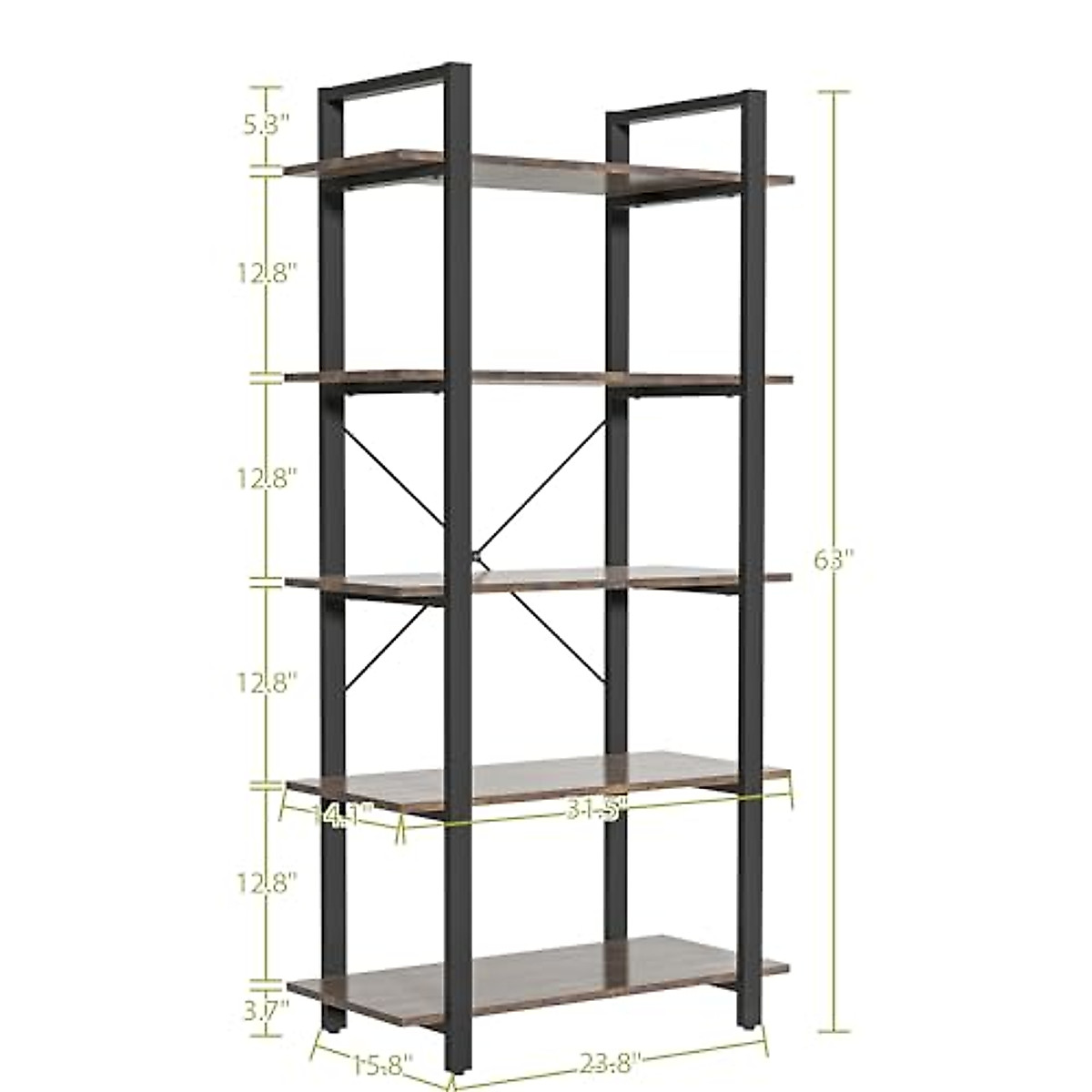 WEASHUME 5 Shelf Vintage Industrial Rustic Bookshelf, Metal and Wood Bookshelf Furniture Farmhouse Wooden Bookshelves for Home Living Room Bedroom Office Storage (Vintage Brown)
