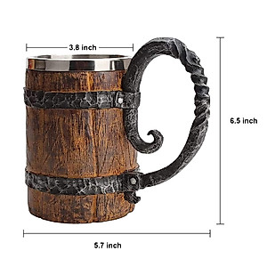 LAUGOKOBE Wooden Barrel Beer Mug, Large Viking Cup Wood Style Beer Stein with Handle, Double Wall Stainless Steel Tankard Mug, Antique gifts for Men Bar Restaurant Renaissance Accessories