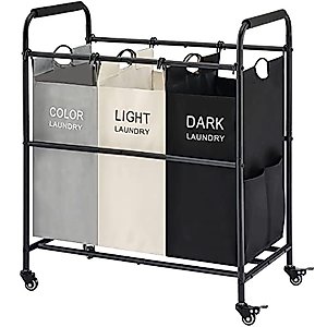 Tajsoon 3 Bag Laundry Sorter Cart, Laundry Hamper Sorter Basket with Heavy Duty Lockable Rolling Wheels for Clothes Storage, 3 Colors