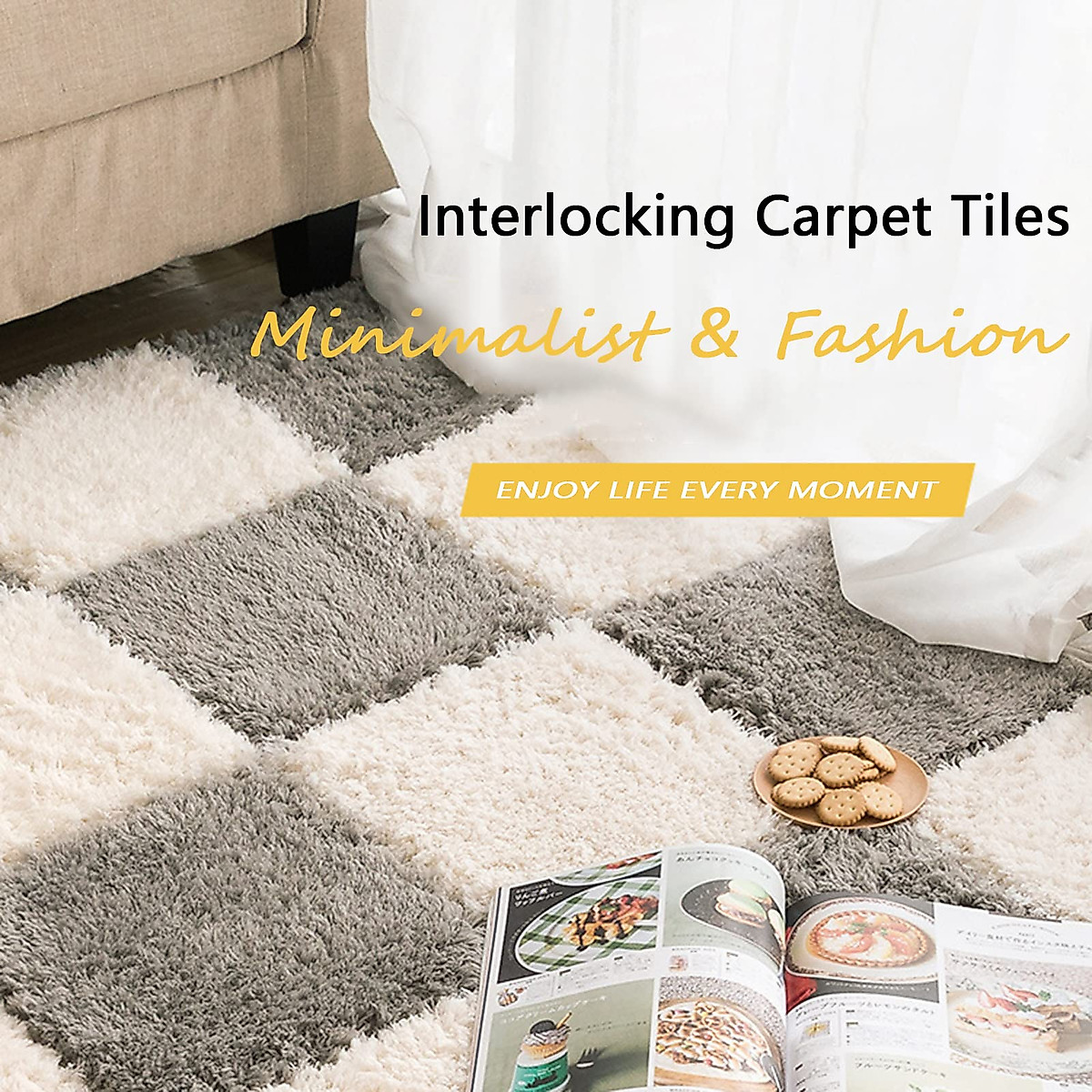 16Pcs Interlocking Foam Carpet,Shaggy Soft Foam Play Mat,Fluffy Area Rugs,Square Plush Puzzle Floor Tiles,Crawling Mats for Living Room Bedroom,12X12inch,Grey